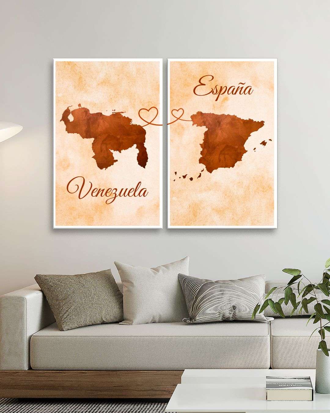 Mapas de Países. Set de 2 cuadros en tonos calidos.