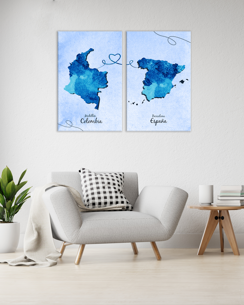 Mapas de Países. Set de 2 cuadros en tonos azulejos