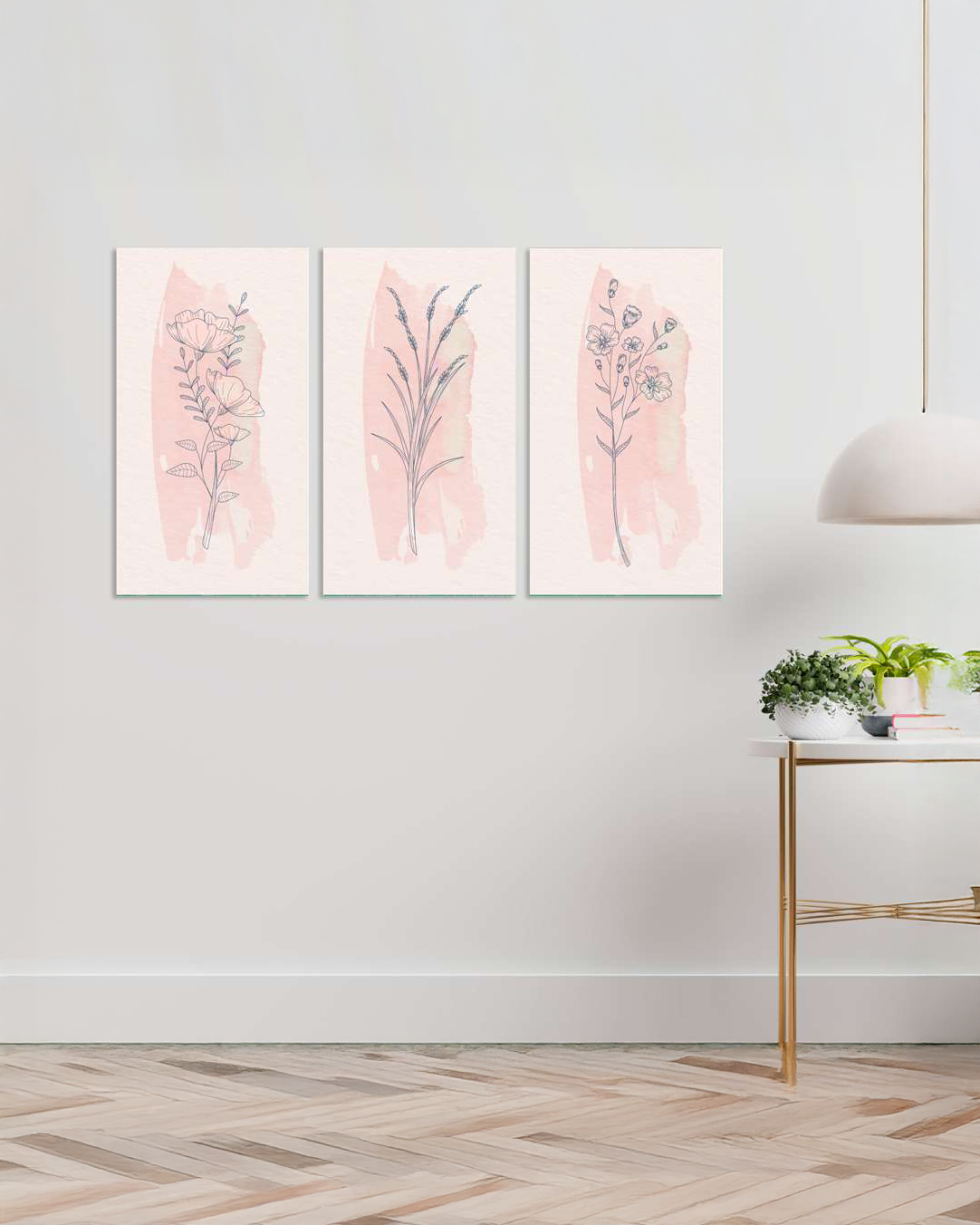 Set de 3 cuadros ramas con brochazo en rosa