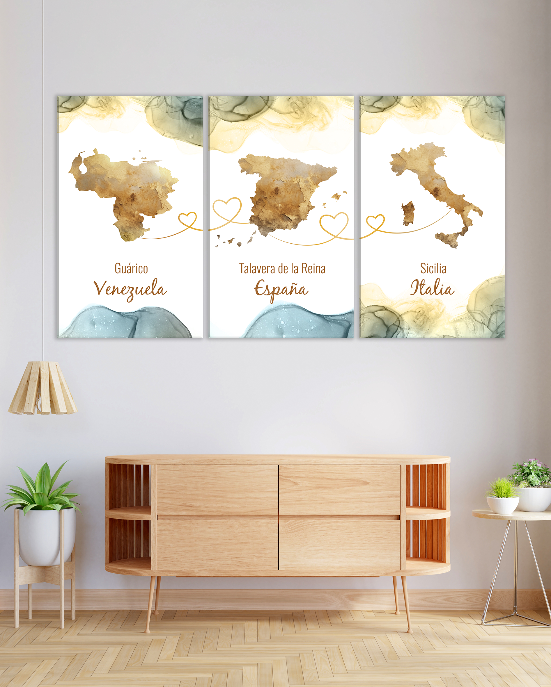Cuadro decorativo con 3 mapas personalizados en acuarela y colores tie